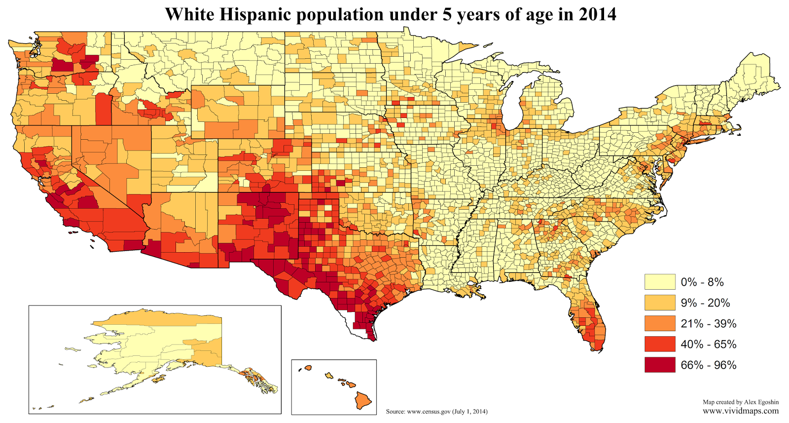 A map of the Hispanic and Latino percentage of the population in the U ...