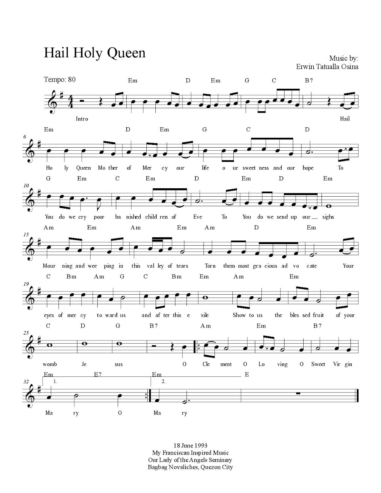 My Franciscan-Inspired Music: Hail Holy Queen