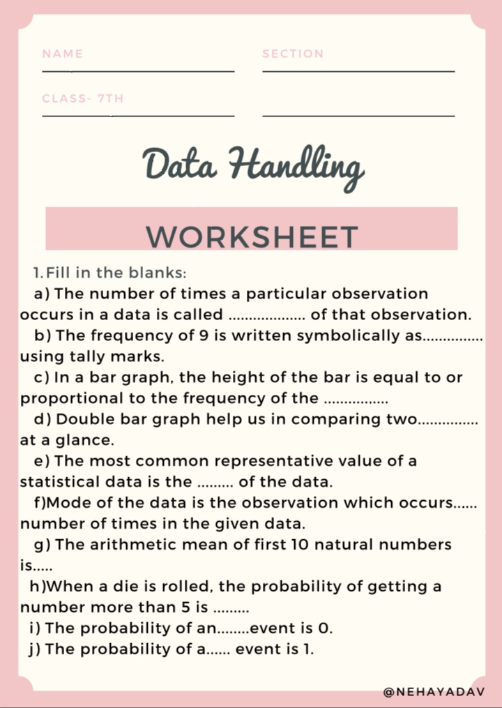 Data handling worksheet class 7th