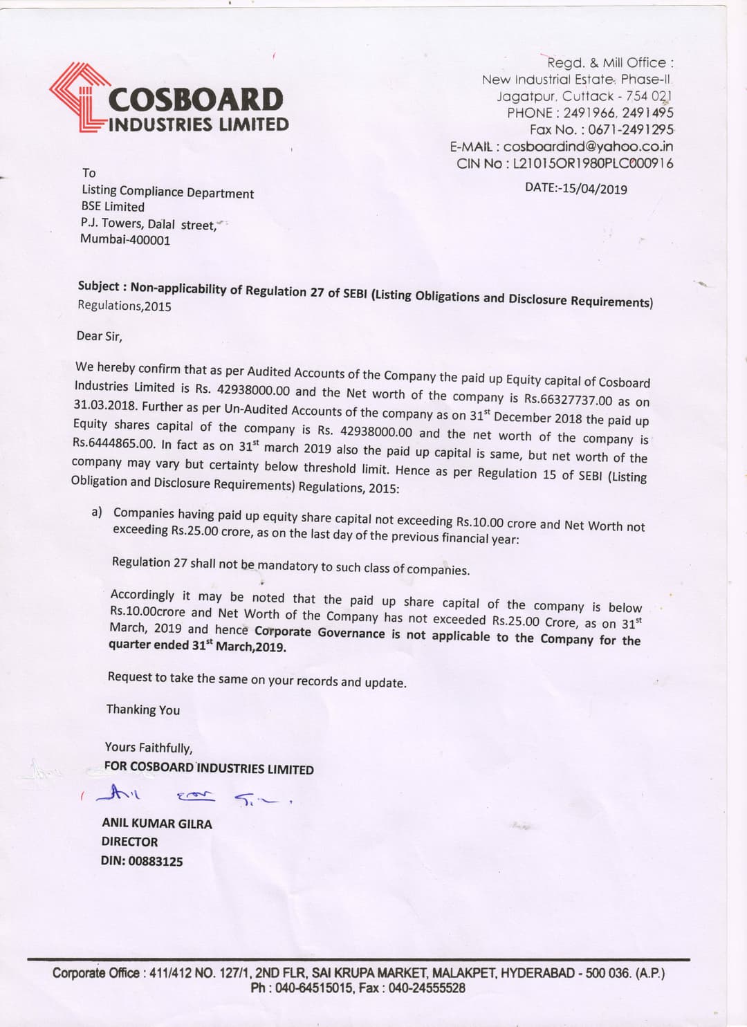 COSBOARD INDUSTRIES LTD.: Disclosure letter of Corporate Governance ...