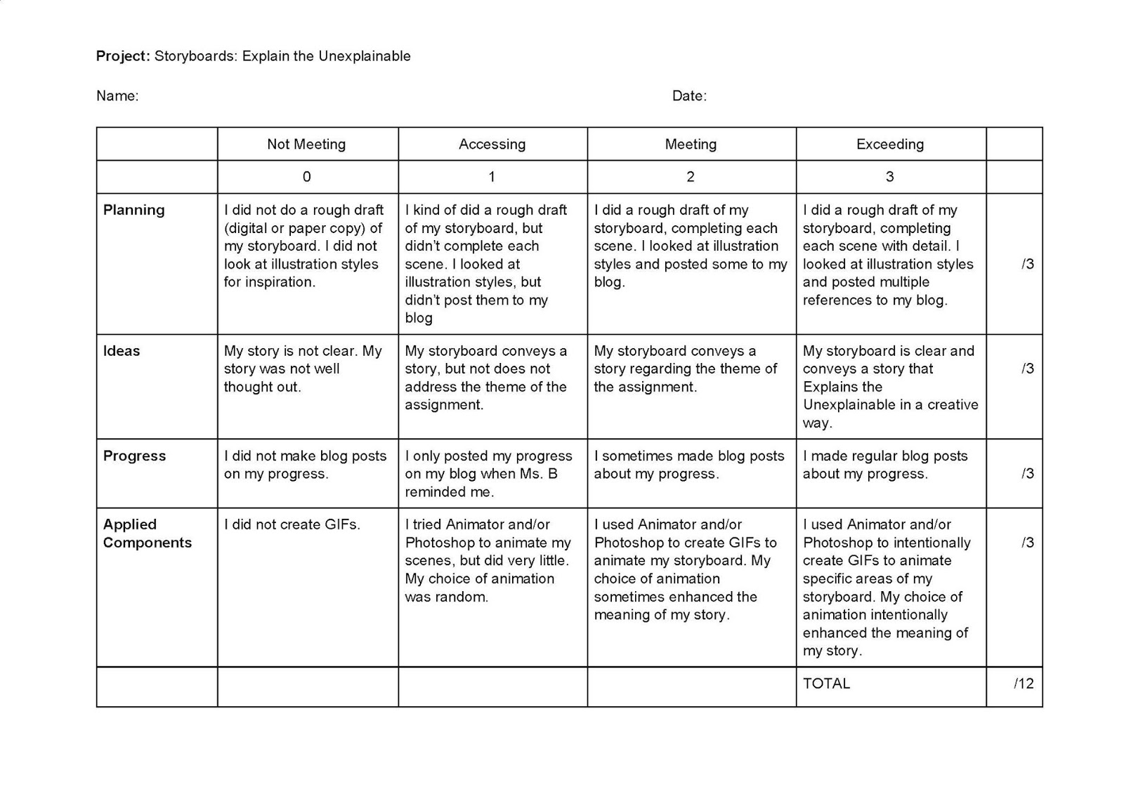 LFAS Computer Arts 9/10: Storyboard Rubric