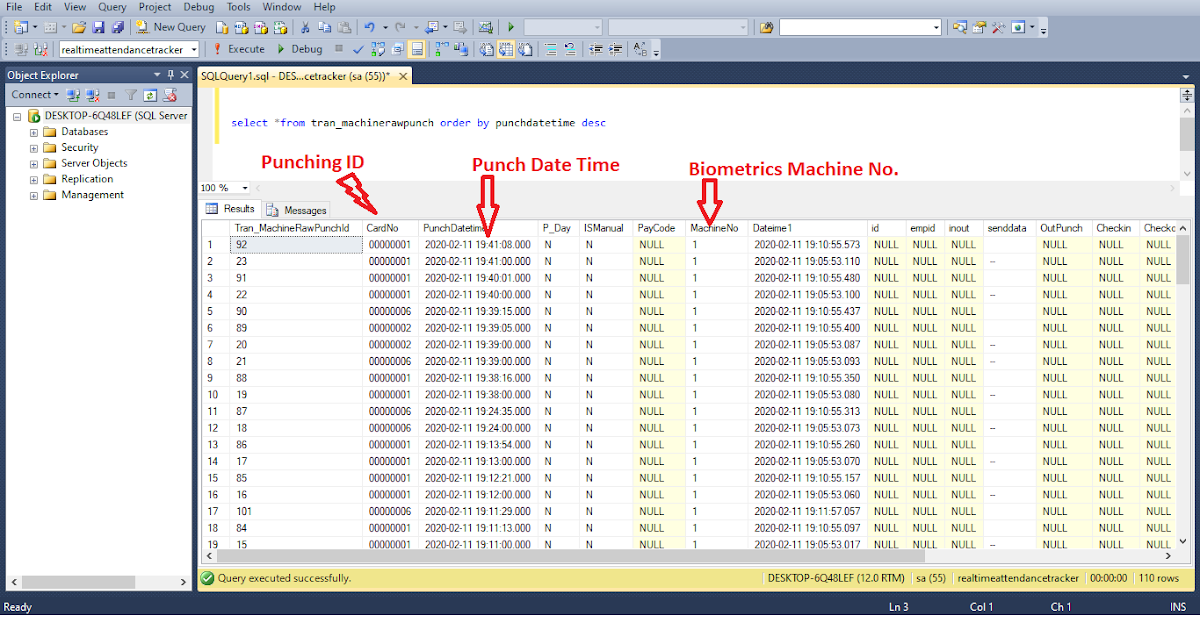 How to get only Punching Data in MS-SQL or MySQL database from Realtime Biometrics Devices?