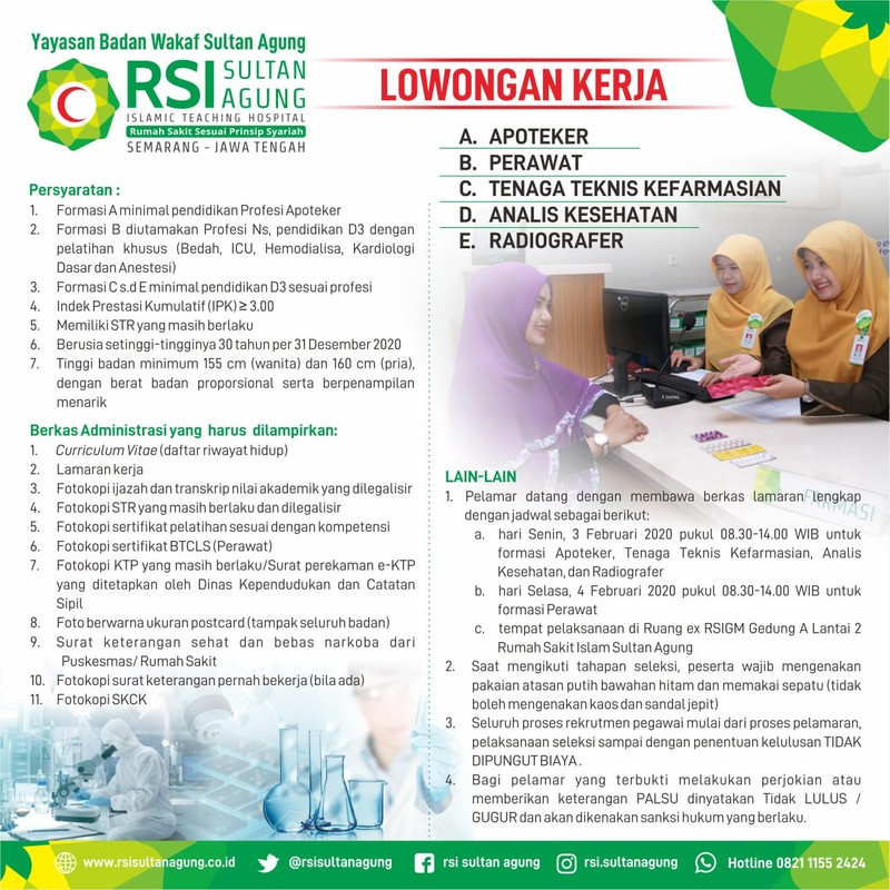 Lowongan kerja RSI Sultan Agung Semarang - Apoteker, Perawat, Farmasi ...