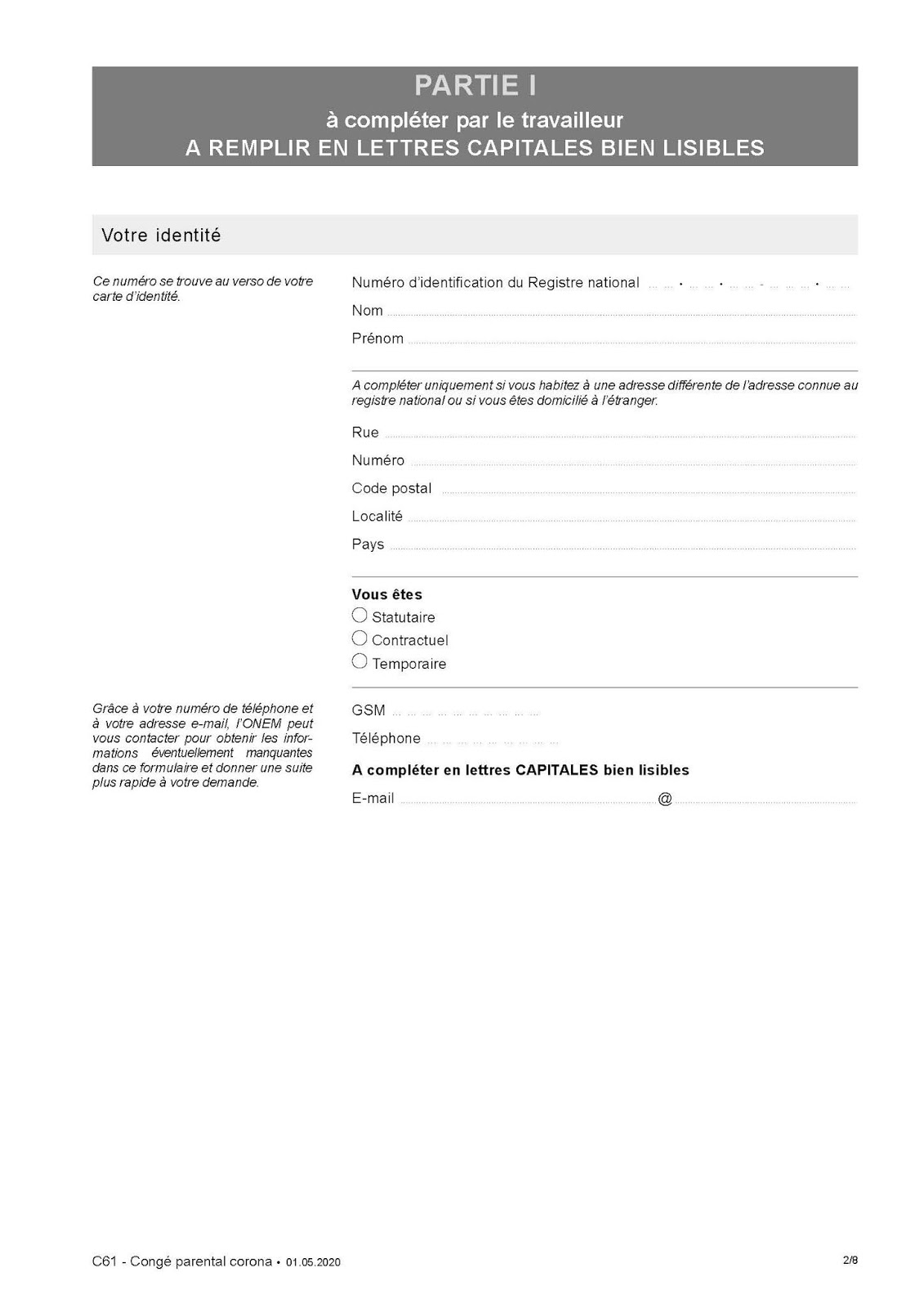 Document ONEM pour le congé parental CORONA