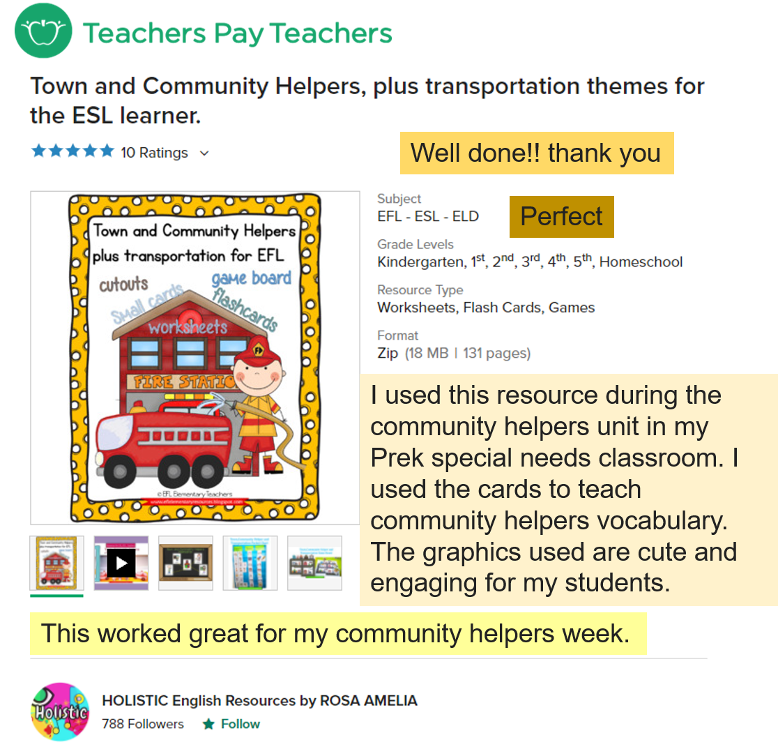 EFL Elementary Teachers: Town, Community Helper and Transportation for ...