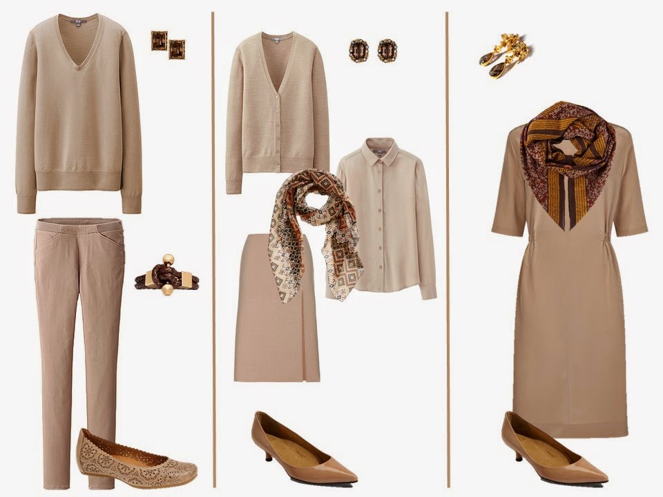 Beige Outfits with Accessories in Celadon Green, Brown and Light Blue ...