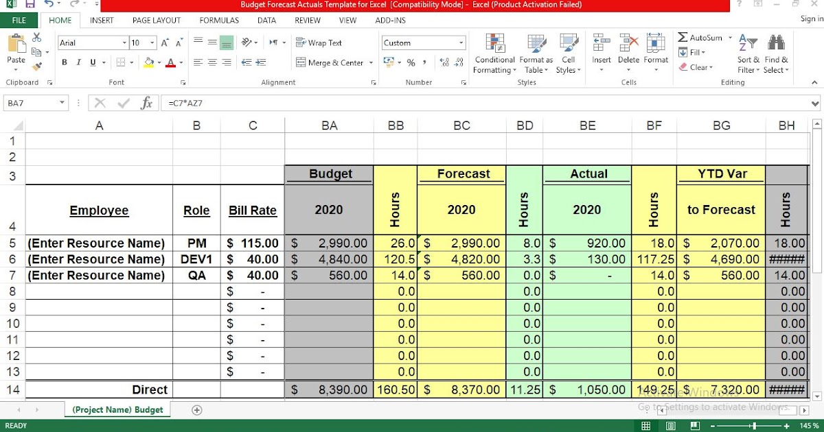 Budget Forecast Actuals Template for Excel