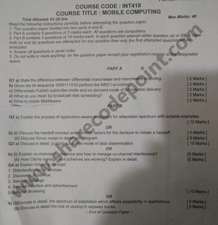 Int418 Mobile Computing Mid Term Exam Question Paper 2017 Lpu