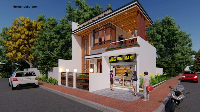 Desain Rumah Modern dengan Toko Ukuran 9.1 x 11 M dengan 3 Kamar Tidur ...
