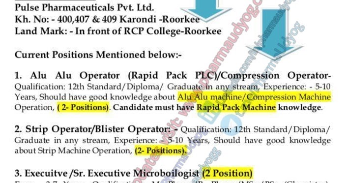 Pulse Pharmaceuticals | Walk-in for Multiple Positions | 12-21 September 2019 | Roorkee