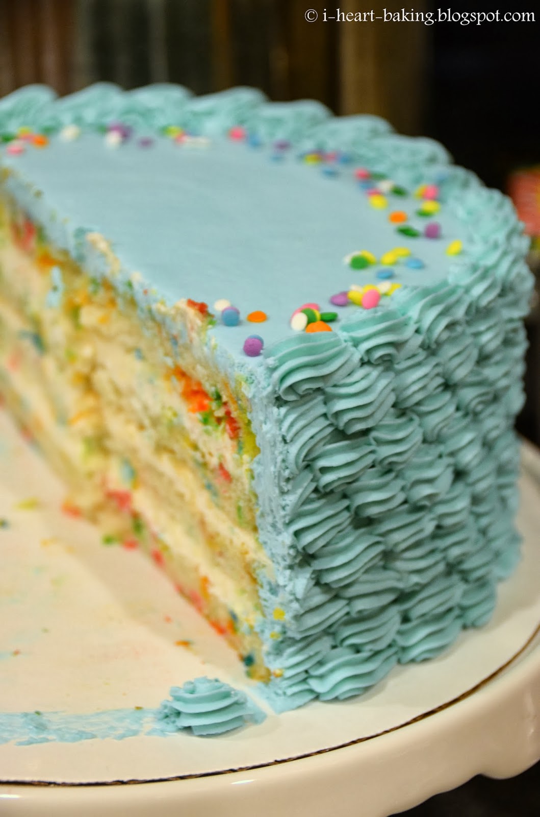 i heart baking!: blue funfetti birthday cake with piped shell sides