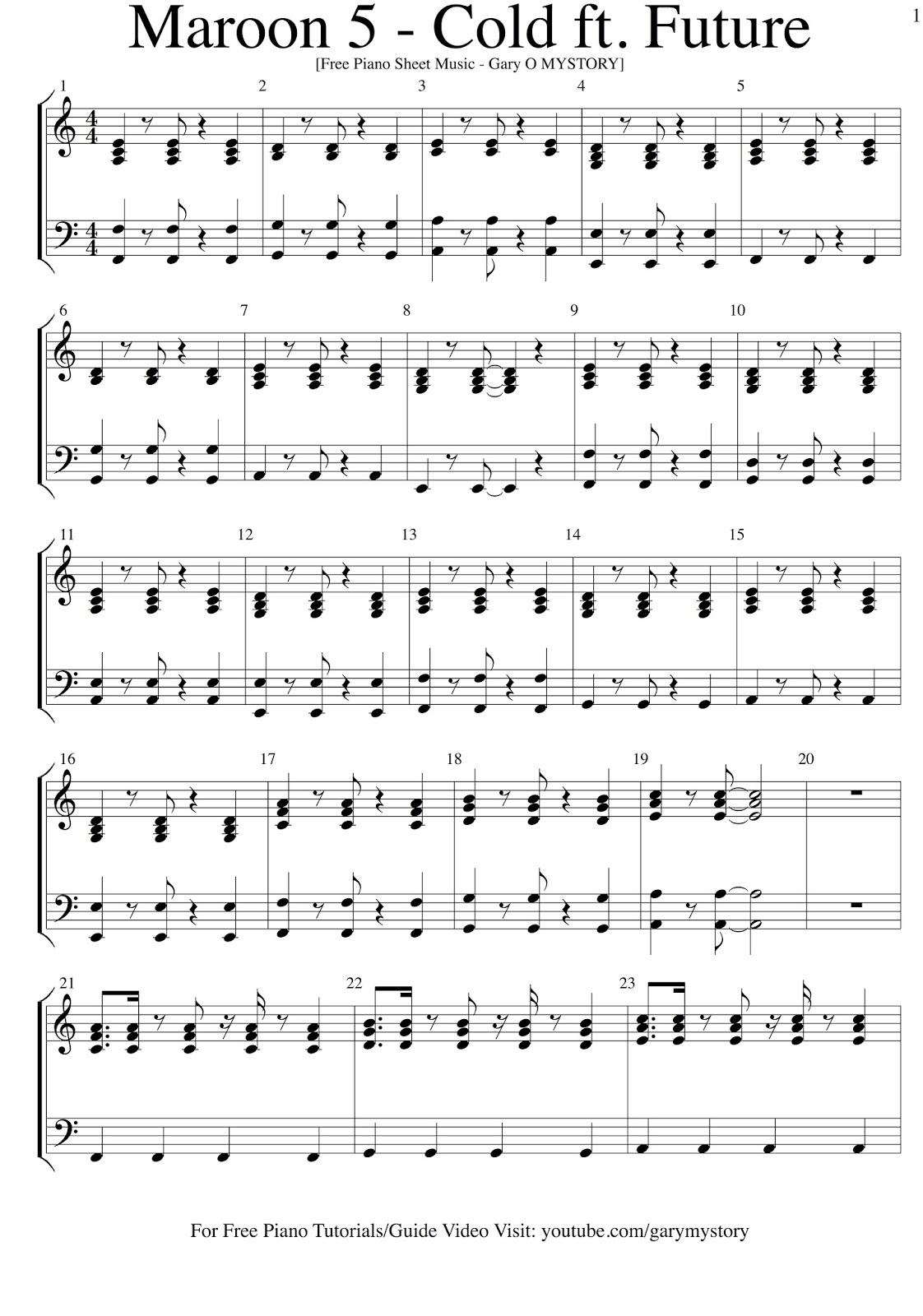 Maroon 5 - Cold ft. Future FREE PIANO SHEET MUSIC (Easy Piano Tutorial ...