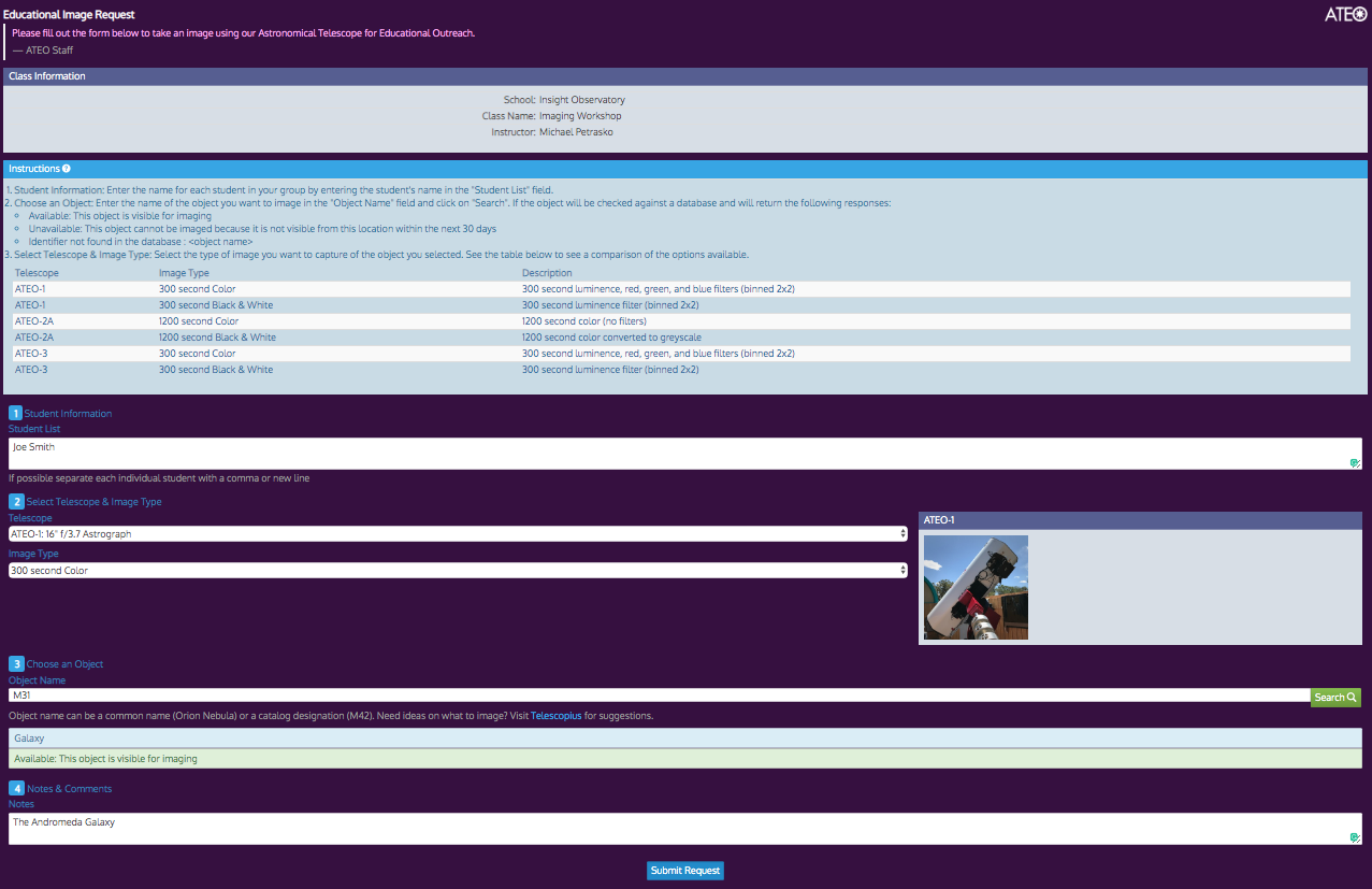 Educational Image Request Form for Classrooms