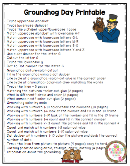 Groundhog Day Math and Literature Packet "No Prep" ~ Preschool Printables