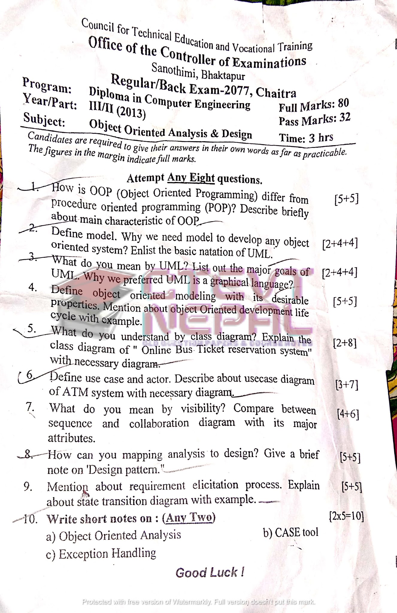 Object Oriented Analysis And Design 6th Semester Questions Papers Ctevt Diploma In Computer