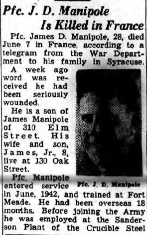 116th Infantry Regiment Roll of Honor: PFC James D. Manipole
