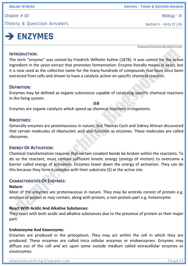 Adamjee Coaching: The Enzymes - Descriptive Question Answers - Biology 11th