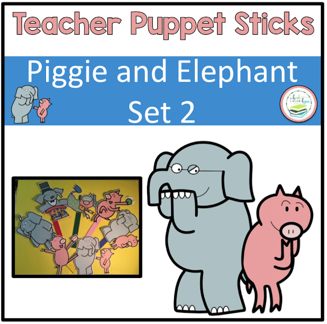 PIGGIE AND ELEPHANT TEACHER PUPPET STICKS SET 2 ~ Book Units by Lynn