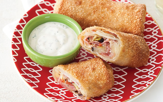 Muffaletta Egg Rolls with Buttermilk Herb Dipping Sauce Recipe