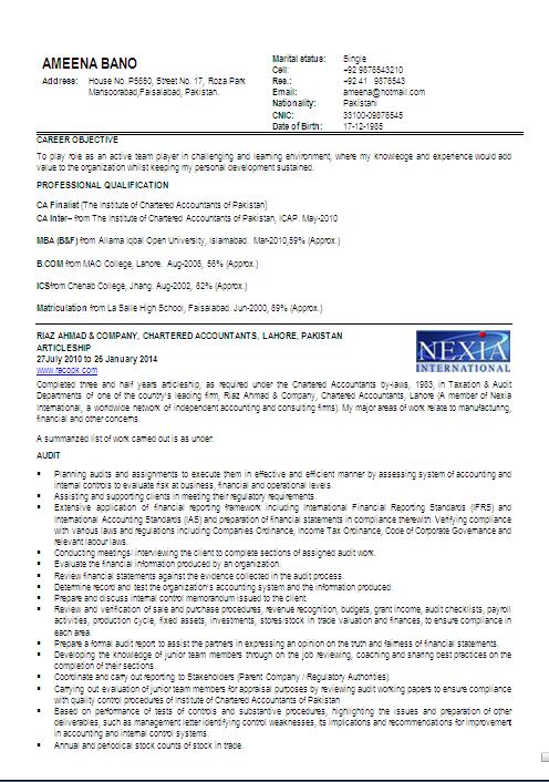 Chartered Accountant Resume Format in Word in Pakistan