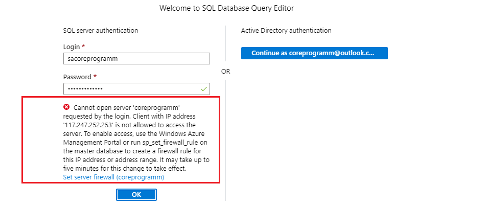Client With Ip Address Is Not Allowed To Access The Server Azure Error Coreprogram