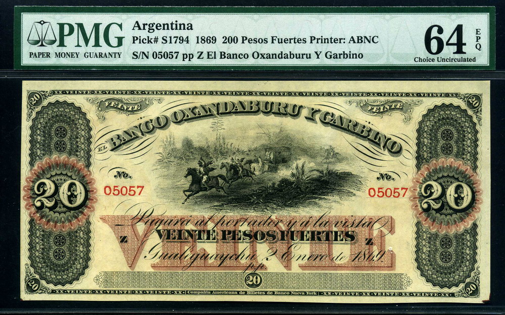 20 Argentinian Pesos Fuertes 1869 Banco Oxandaburu Y Garbino World 20-argentinian-pesos-fuertes-1869-banco-oxandaburu-y-garbino-world