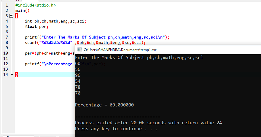 C Program To Find A Percentage Of Marks