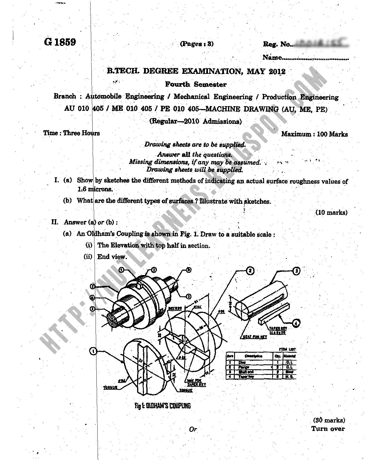 Machine Drawing - MG University Question Paper | Nut Learners