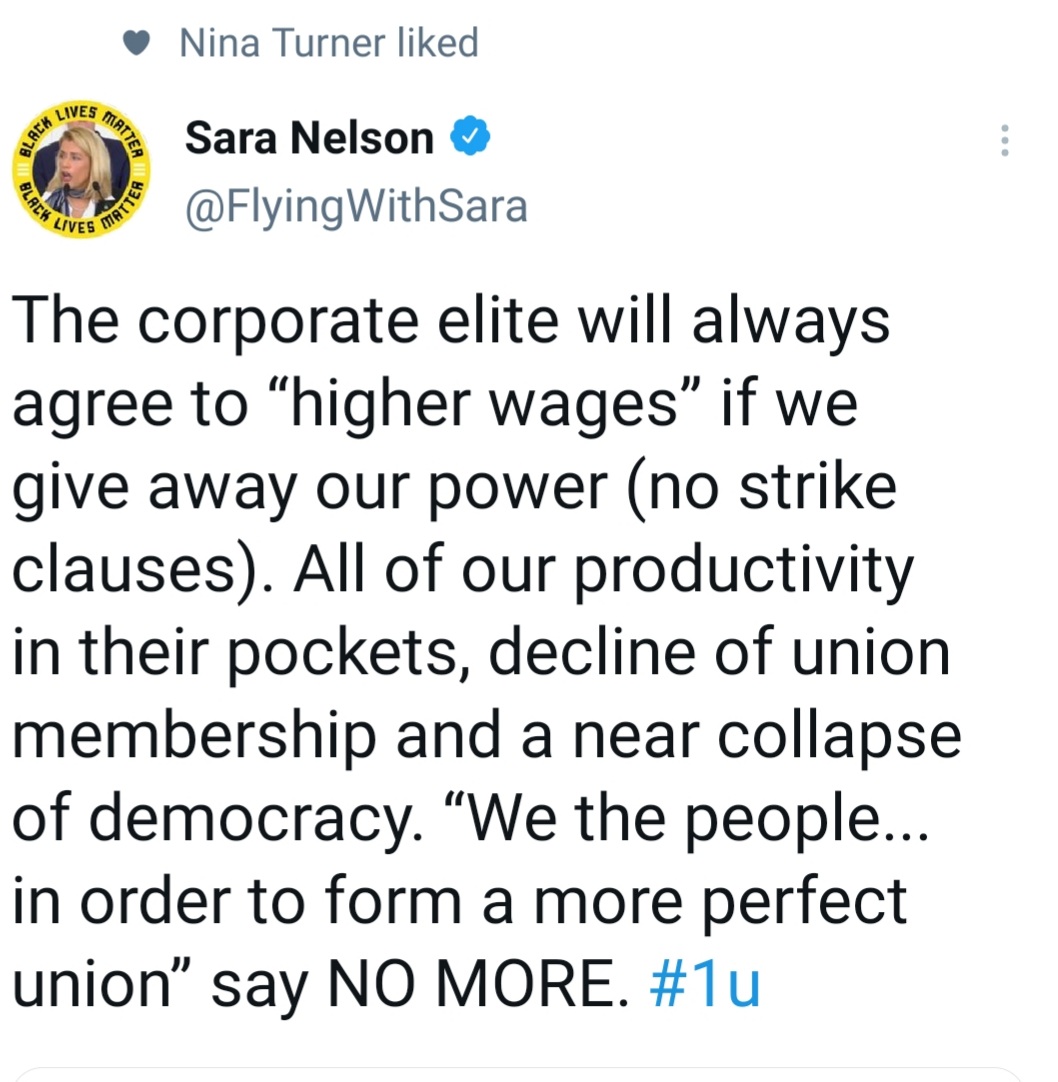 ICEUFT Blog: LABOR LEADER SARA NELSON TWEETS ABOUT DECLINE IN UNION ...
