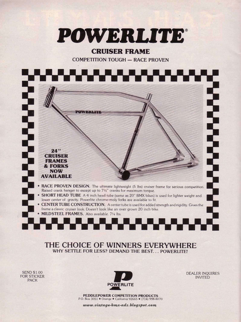 Vintage BMX Ads: POWERLITE Cruiser Frame Competition Tough - Race Proven