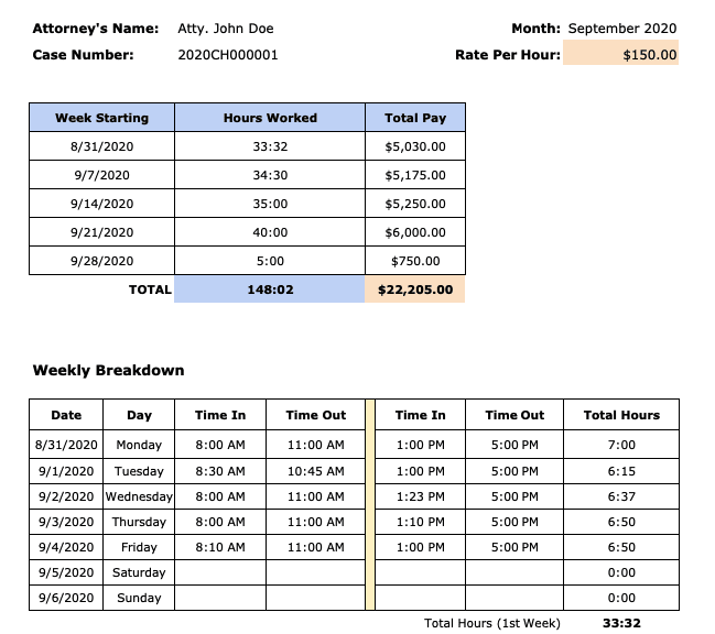 Lawyer Billable Hours Timesheet - Invoice Template