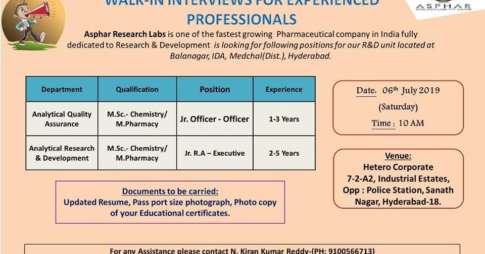 Asphar Research Labs Walk-In Interviews on 6th July, 2019 @ Hyderabad
