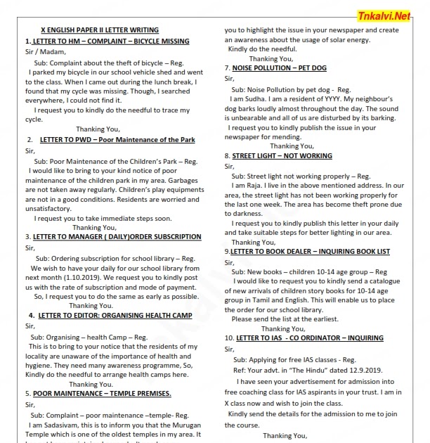 10th Standard - English - Letter Writing Study Material - Mr. L ...