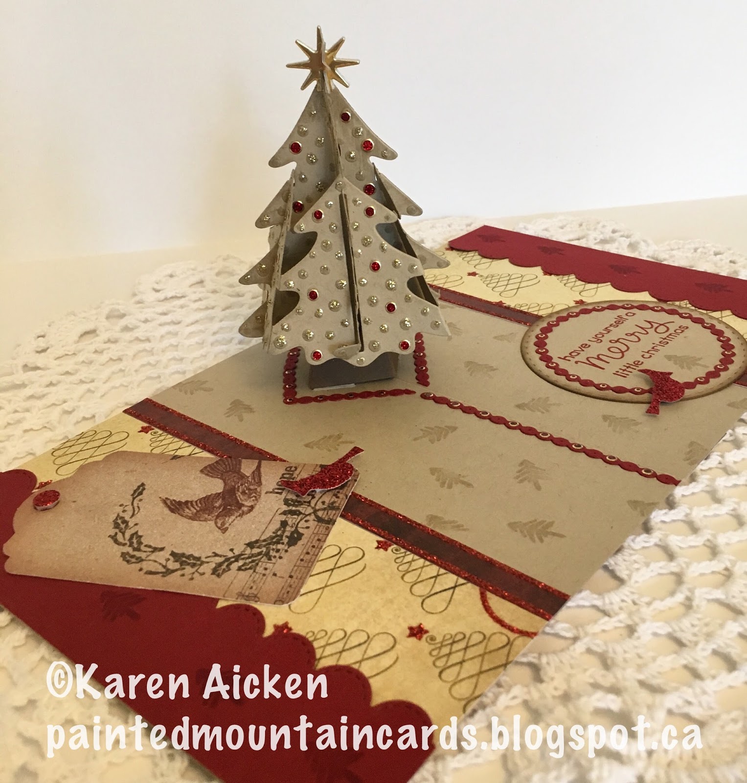 Painted Mountain Cards: Kraft and Red Christmas Tree Pop-Up Card