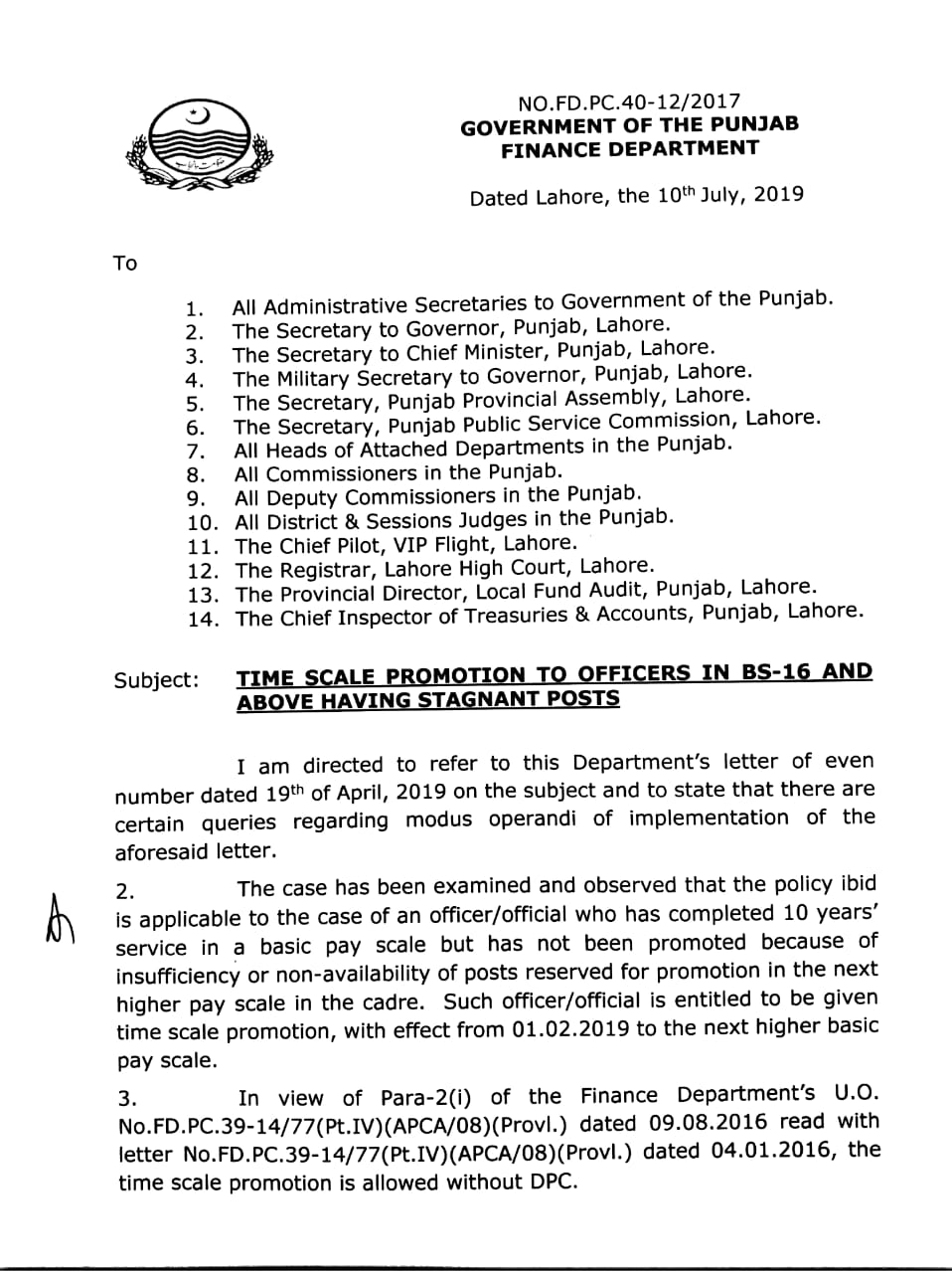 TIME SCALE PROMOTION TO OFFICERS IN BS-16 AND ABOVE HAVING STAGNANT ...