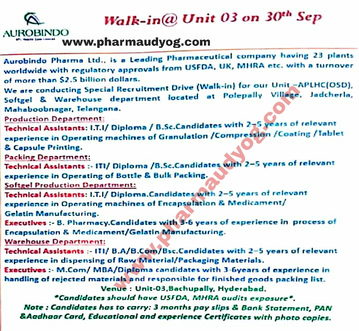 Aurobindo | Walk-In for Multiple Positions | 30th September 2018 ...