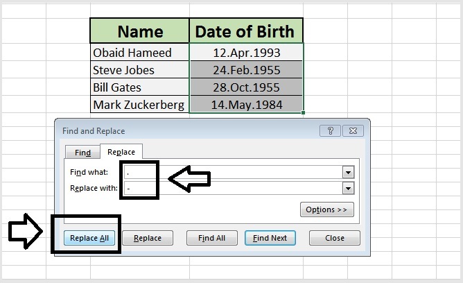 Finding and Replacing Command to Correct Date Format in Excel