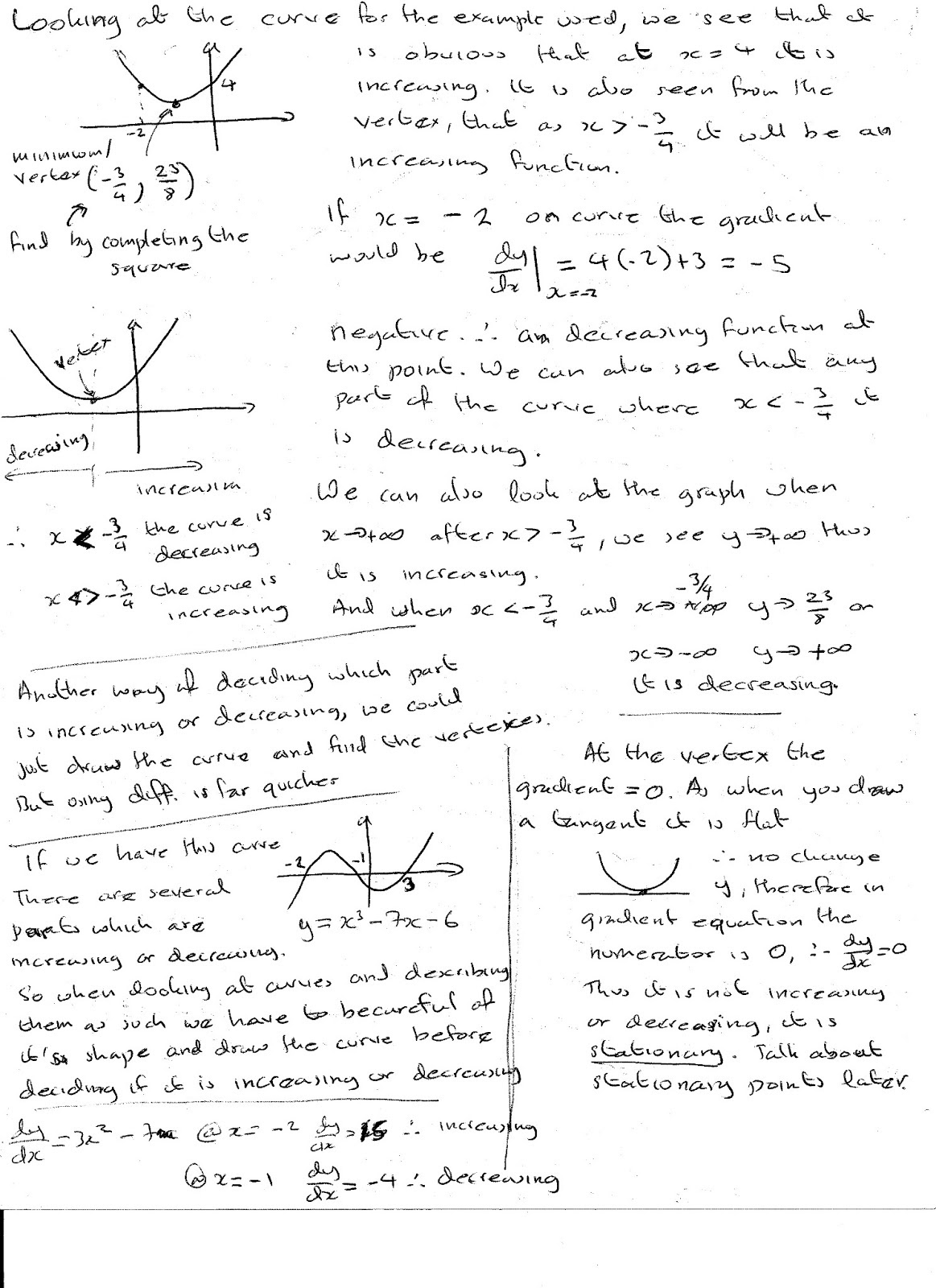 A Level Maths Notes: Differentiation - Increasing and Decreasing Functions