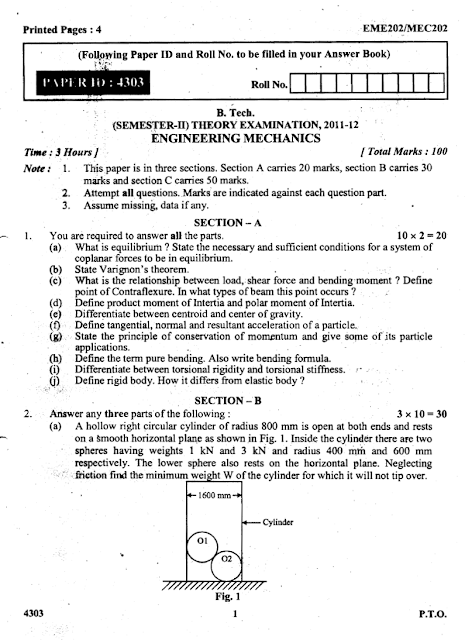 Engineering Mechanics Mahamaya Technical University 2012 Question Paper ...