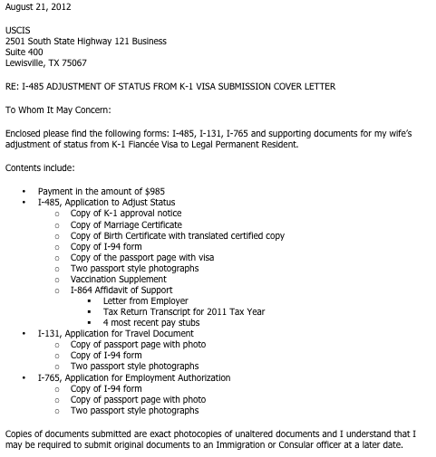 Sample Cover Letter For Adjustment Of Status - Cover Letter