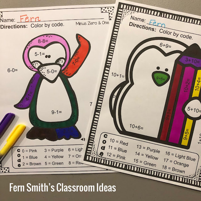 WINTER COLOR BY NUMBER FUNKY PENGUINS ADDITION, SUBTRACTION ...