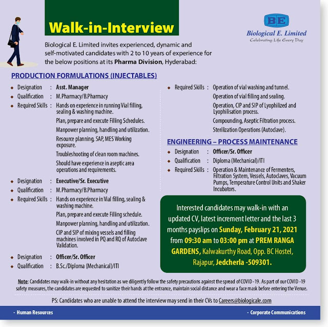 Biological E. Limited - Walk-In Interviews for Multiple Positions on 21st Feb' 2021 - PHARMA WISDOM