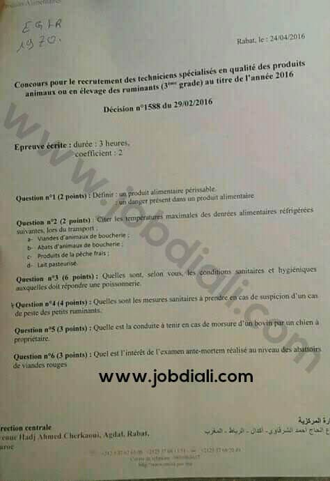 Exemple Concours de Recrutement des Techniciens 3ème grade 2016 - ONSSA ... Exemple Concours de Recrutement des Techniciens 3ème grade 2016 - ONSSA ...