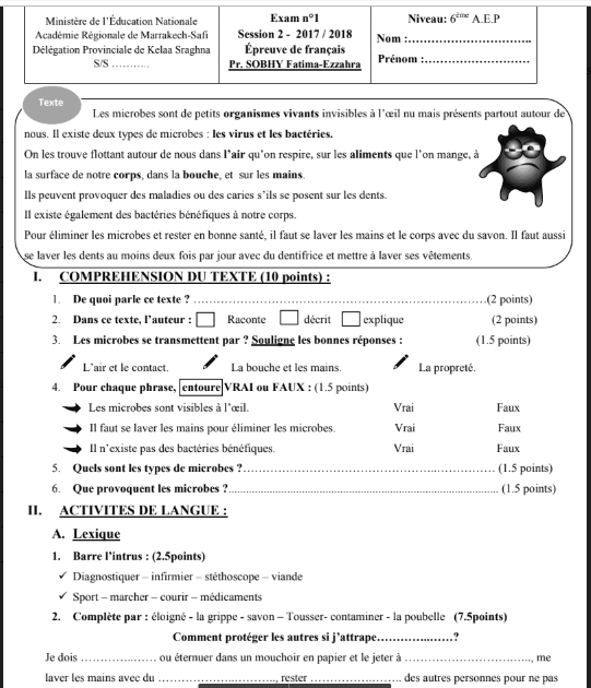 La Première Contrôle évaluation Du Langue Française Sixième Année