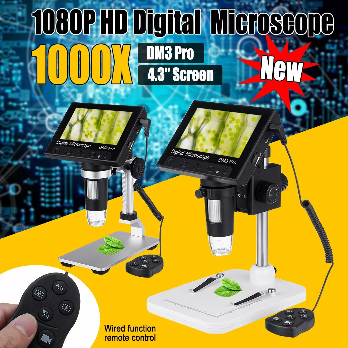 DM3 Pro 1000X 4.3 inch 1080P Remote Control Portable Digital Microscope ...