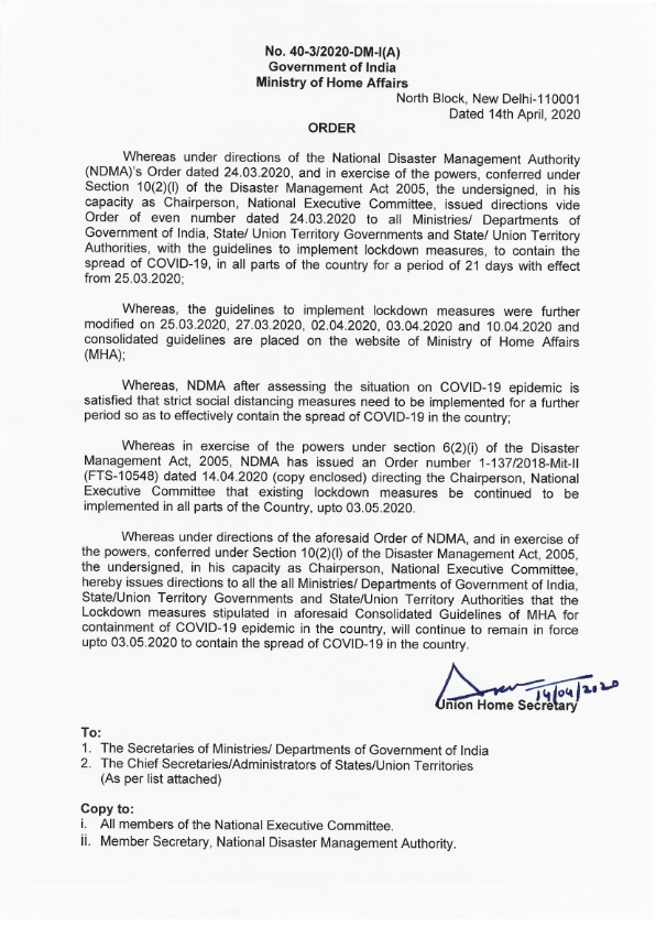 DO Letter to Chief Secretaries for strict implementation of Lockdown ...