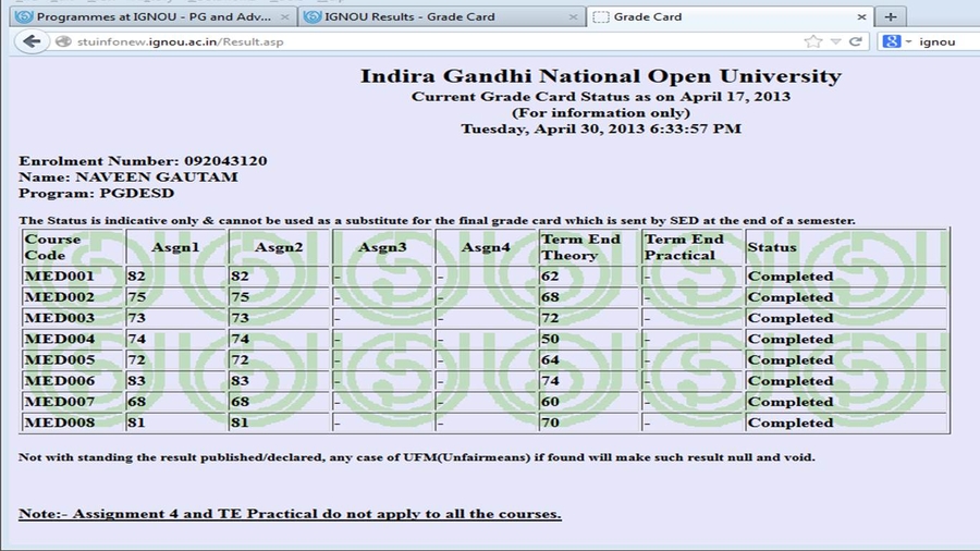 IGNOU GRADE CARD Enter Check Your Enrollment Number By IGNOU AC IN