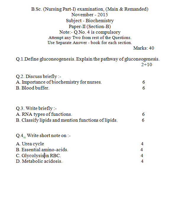 Bsc Nursing 1st Year Biochemistry Paper