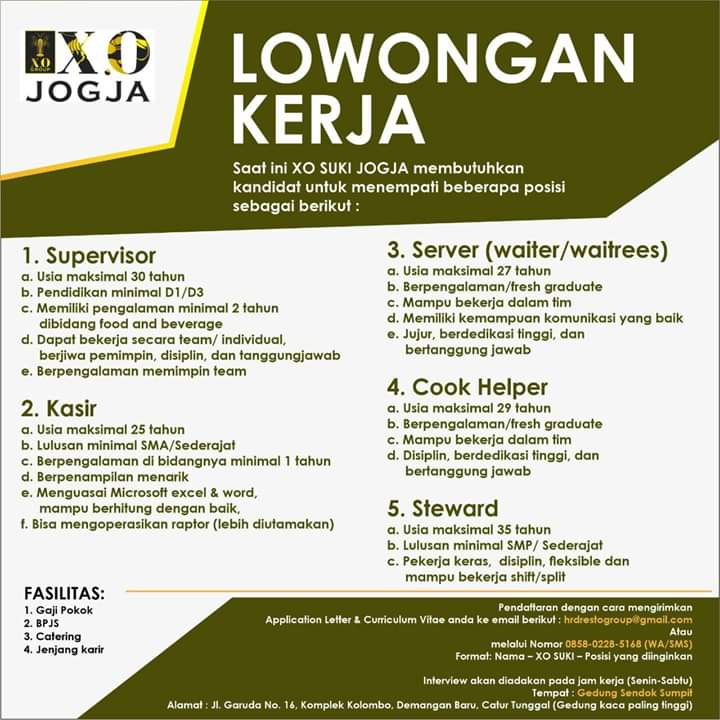 Lowongan Kerja XO Suki Jogja (Supervisor, Server/waiters, Steward, Cook ... Lowongan Kerja XO Suki Jogja (Supervisor, Server/waiters, Steward, Cook ...