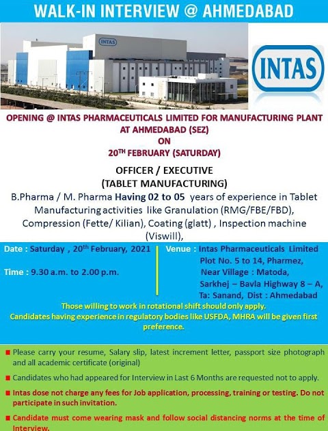 UDYOG ADDA: Intas Pharmaceuticals Ltd - Walk-In Interviews on 20th Feb' 2021 @ Ahmedabad